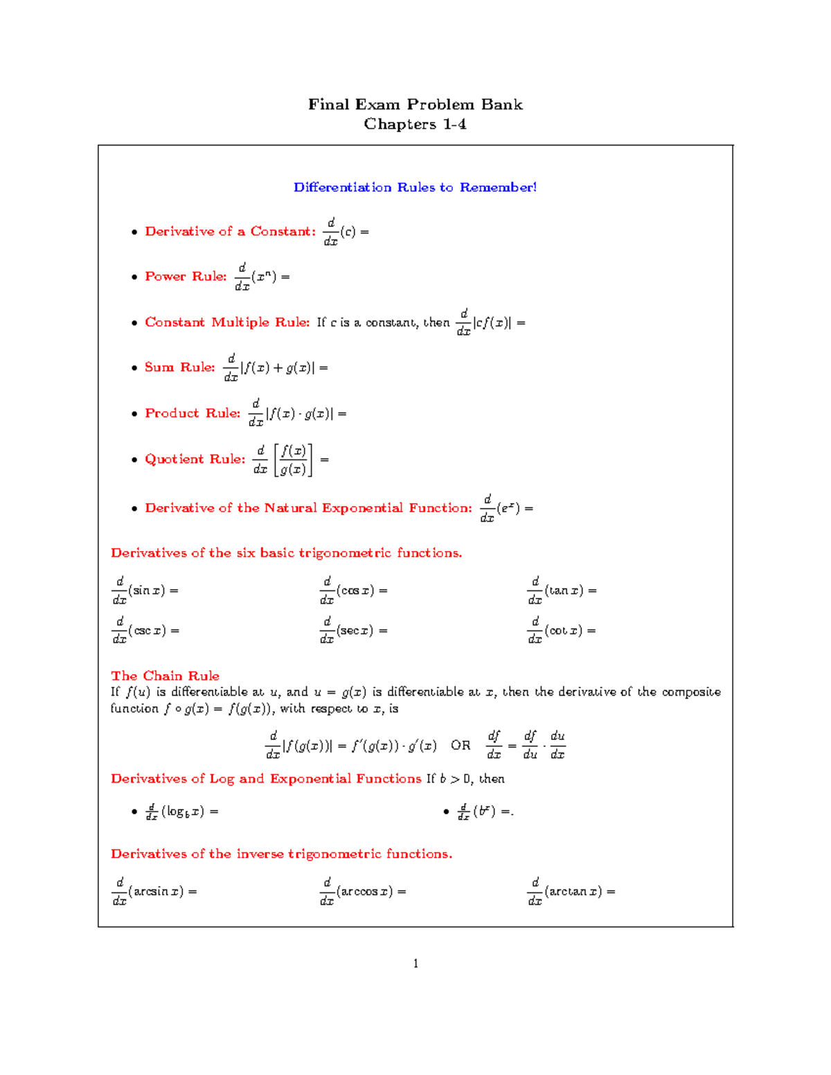 1551 Final Exam Problem Bank - Final Exam Problem Bank Chapters 1- Differentiation Rules to ...