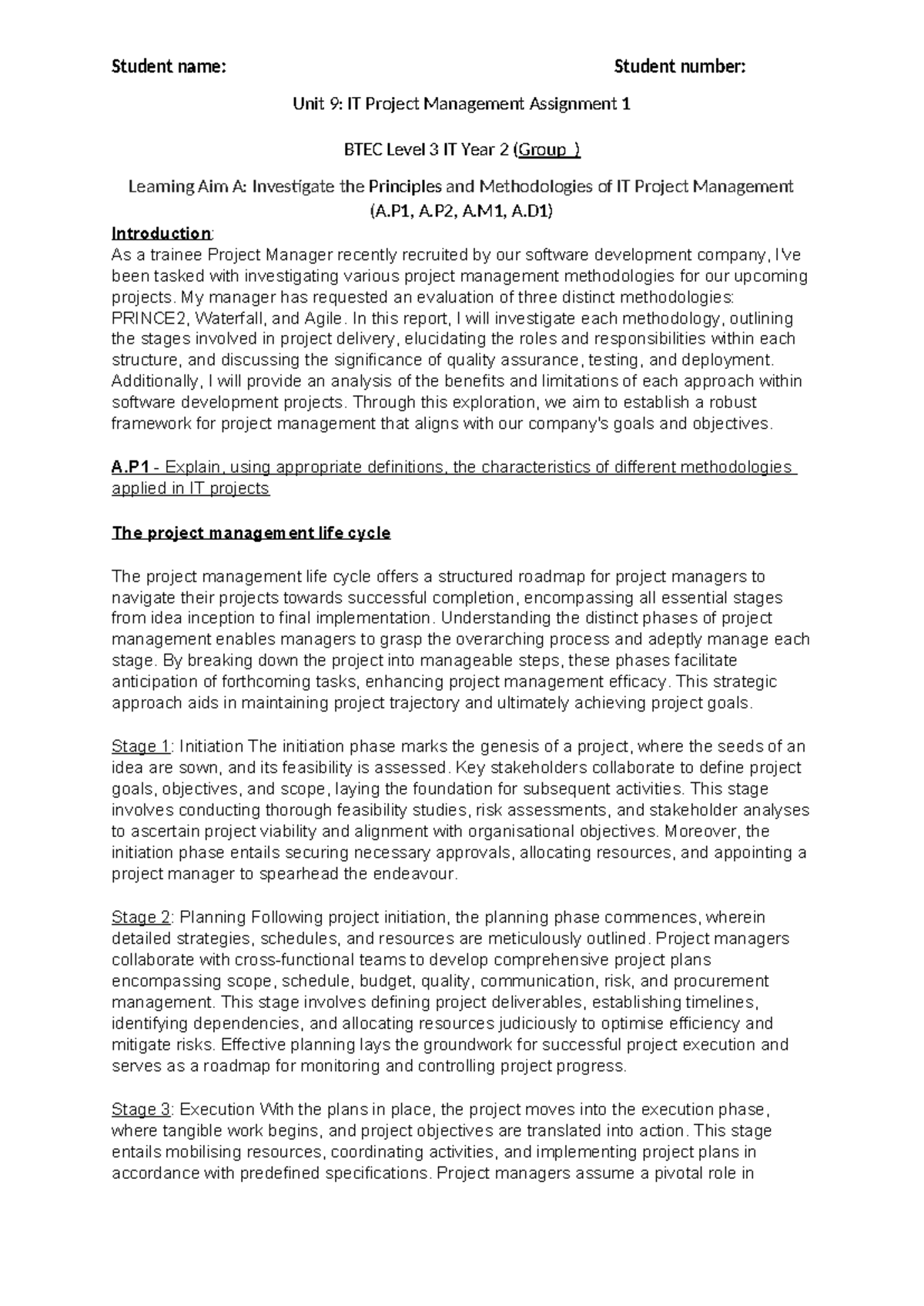 Unit 9 Assignment 1 - Unit 9: IT Project Management Assignment 1 BTEC Level 3 IT Year 2 (Group ...