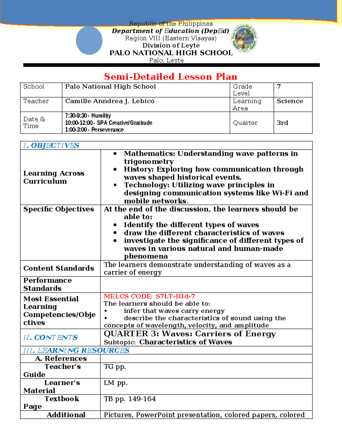 Lebico - Characteristics OF Waves LP - Republic of the Philippines ...