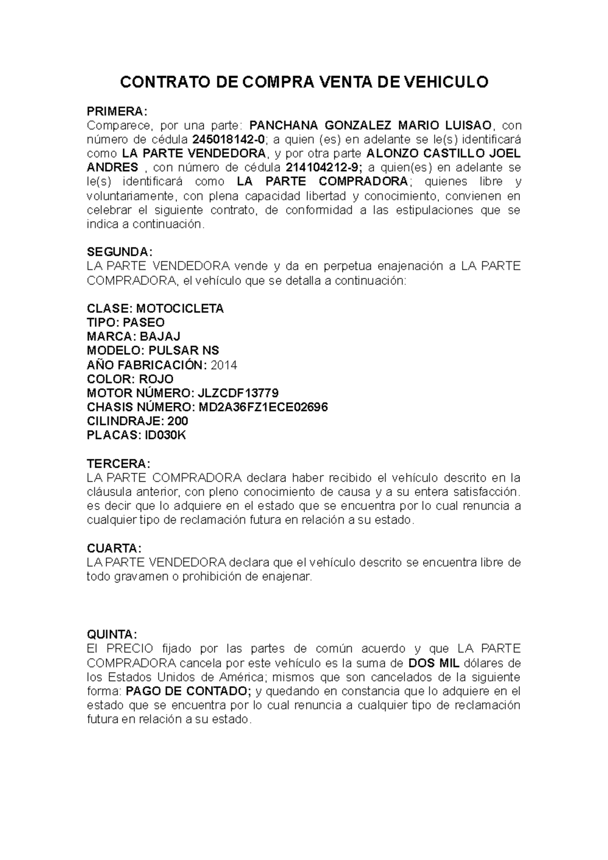 Contrato de conpra venta - CONTRATO DE COMPRA VENTA DE VEHICULO PRIMERA ...
