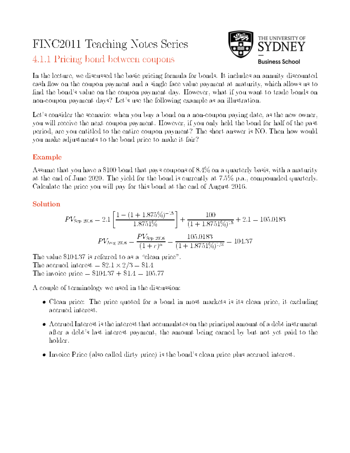 [Teaching Notes]Pricing bond between coupons - FINC 2011 Teaching Notes ...