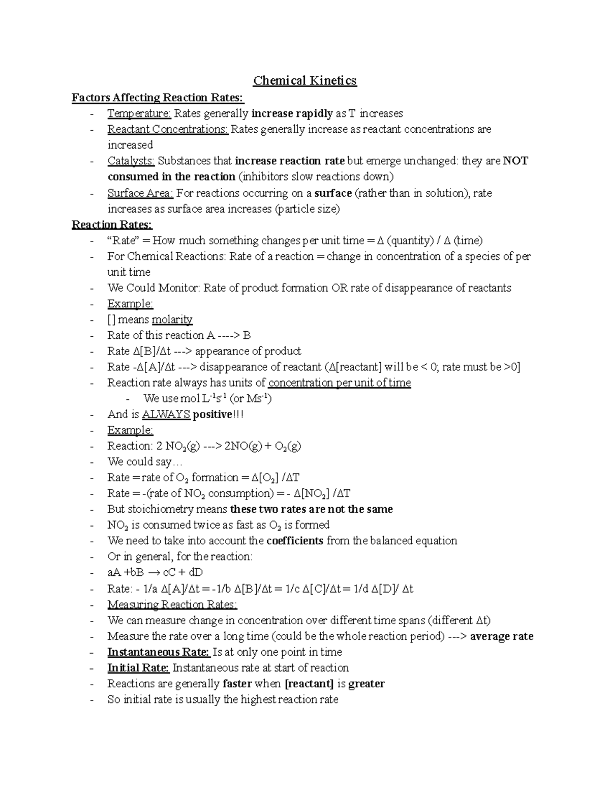 Chapter Eleven Notes in the Textbook - Chemical Kinetics Factors ...