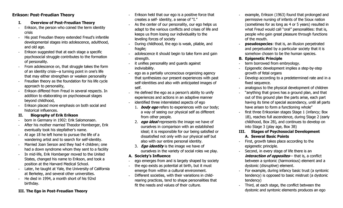 Erik Erikson - others - Erikson: Post-Freudian Theory I. Overview of ...
