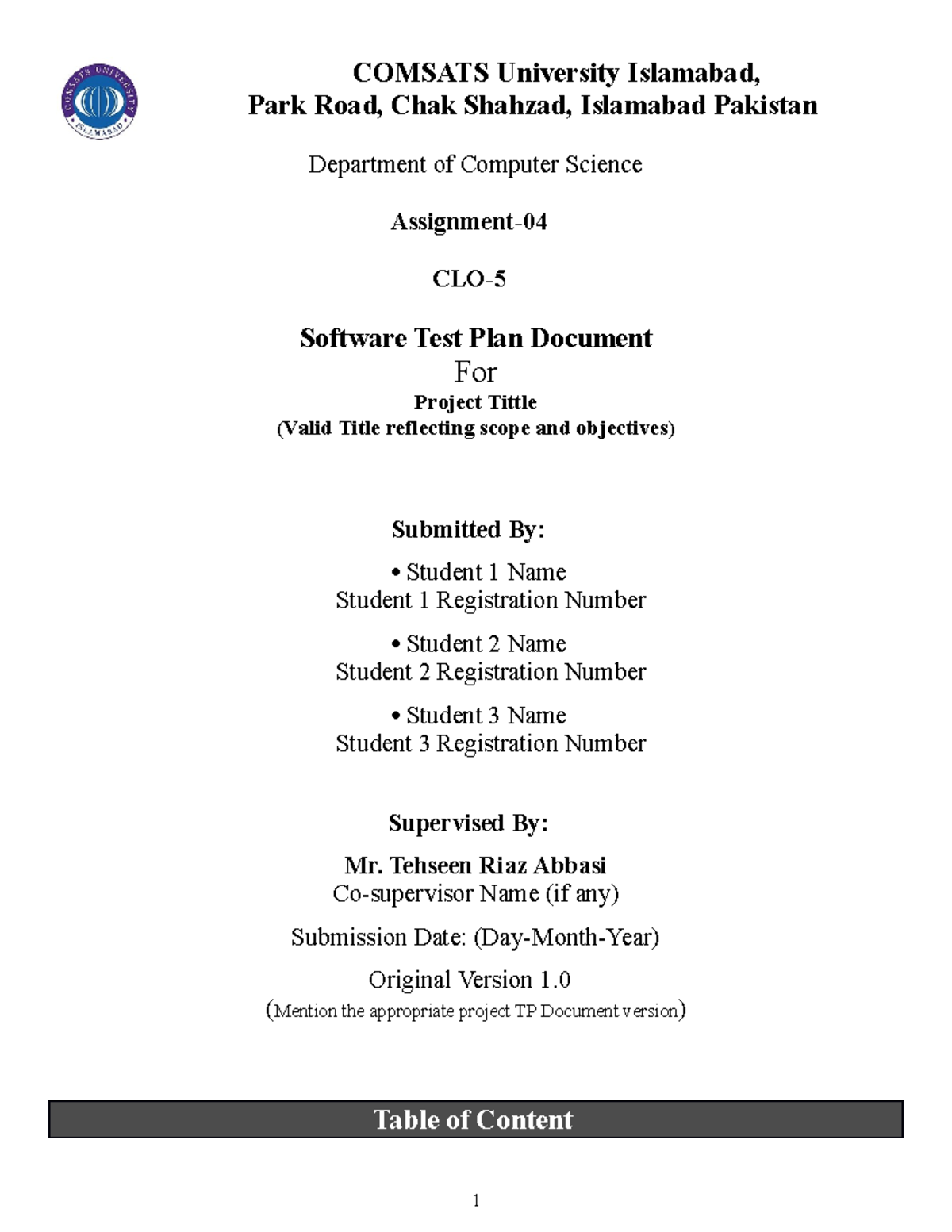 Assignment 04 Project Test Plan Document V1 - COMSATS University ...