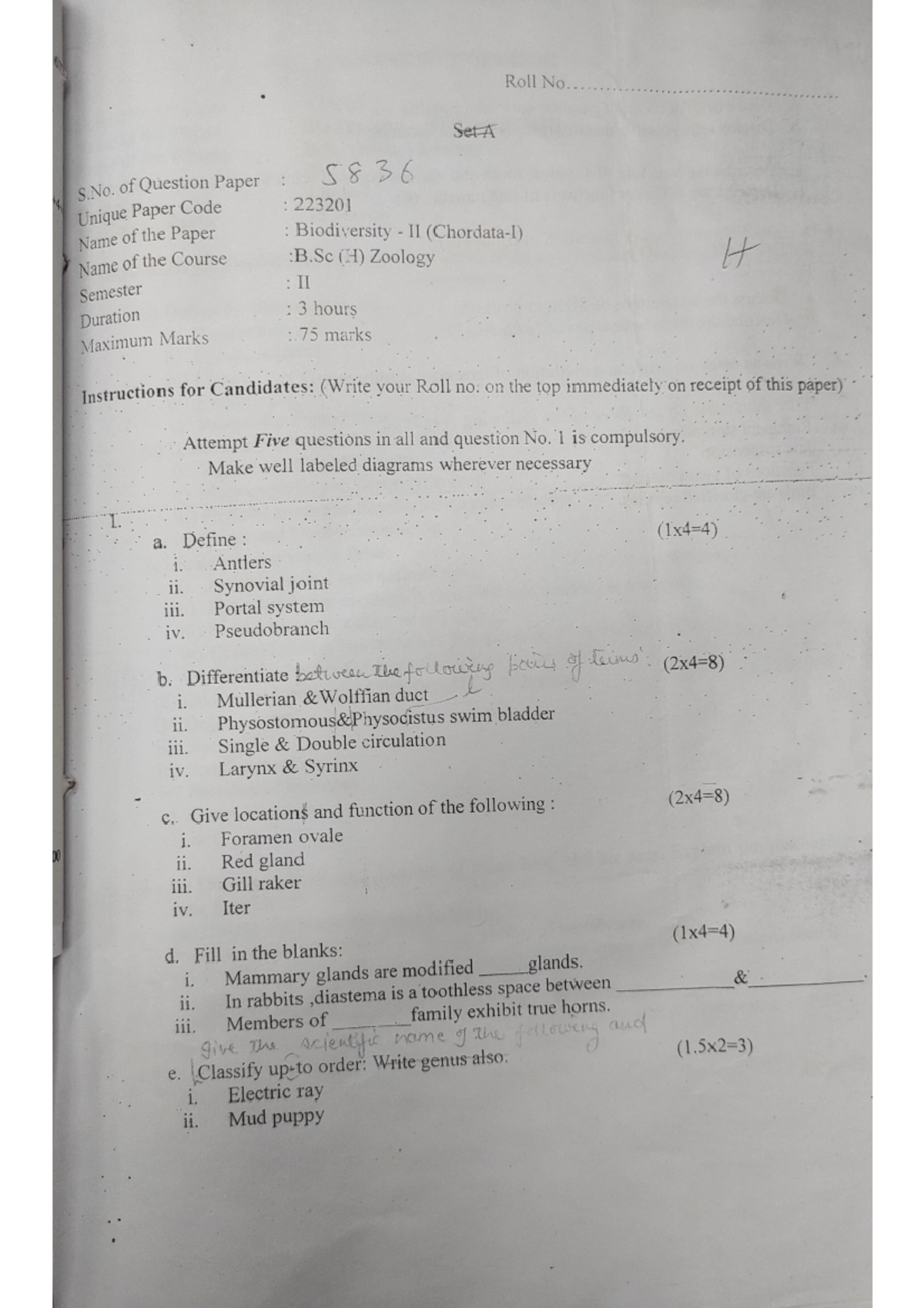 Pyqs 2nd sem - Questions - Bsc(h) Zoology - Studocu