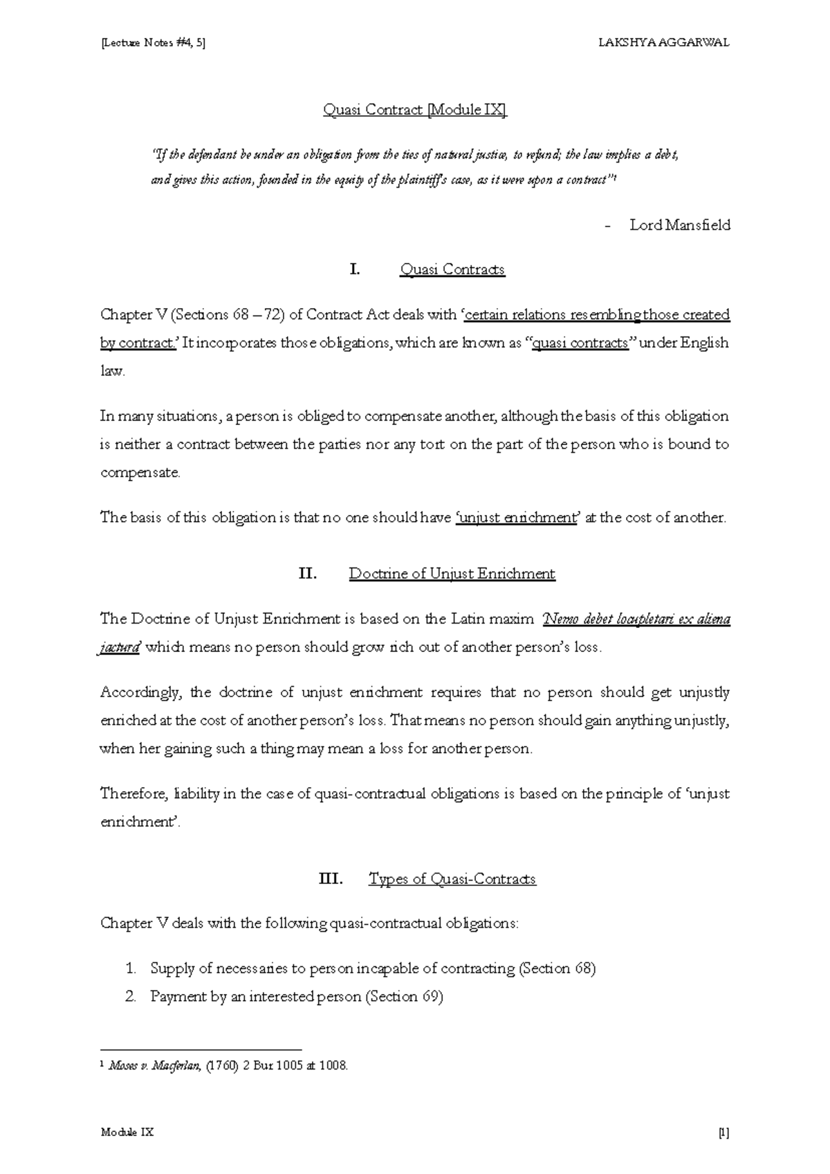Lecture Notes #4, 5 Module 9 - Quasi Contract [Module IX] “If the ...