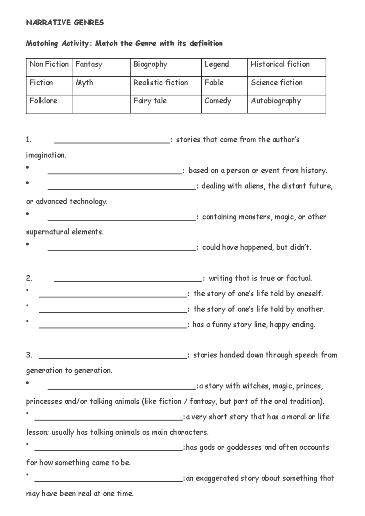 Story Genres - NARRATIVE GENRES Matching Activity: Match the Genre with ...