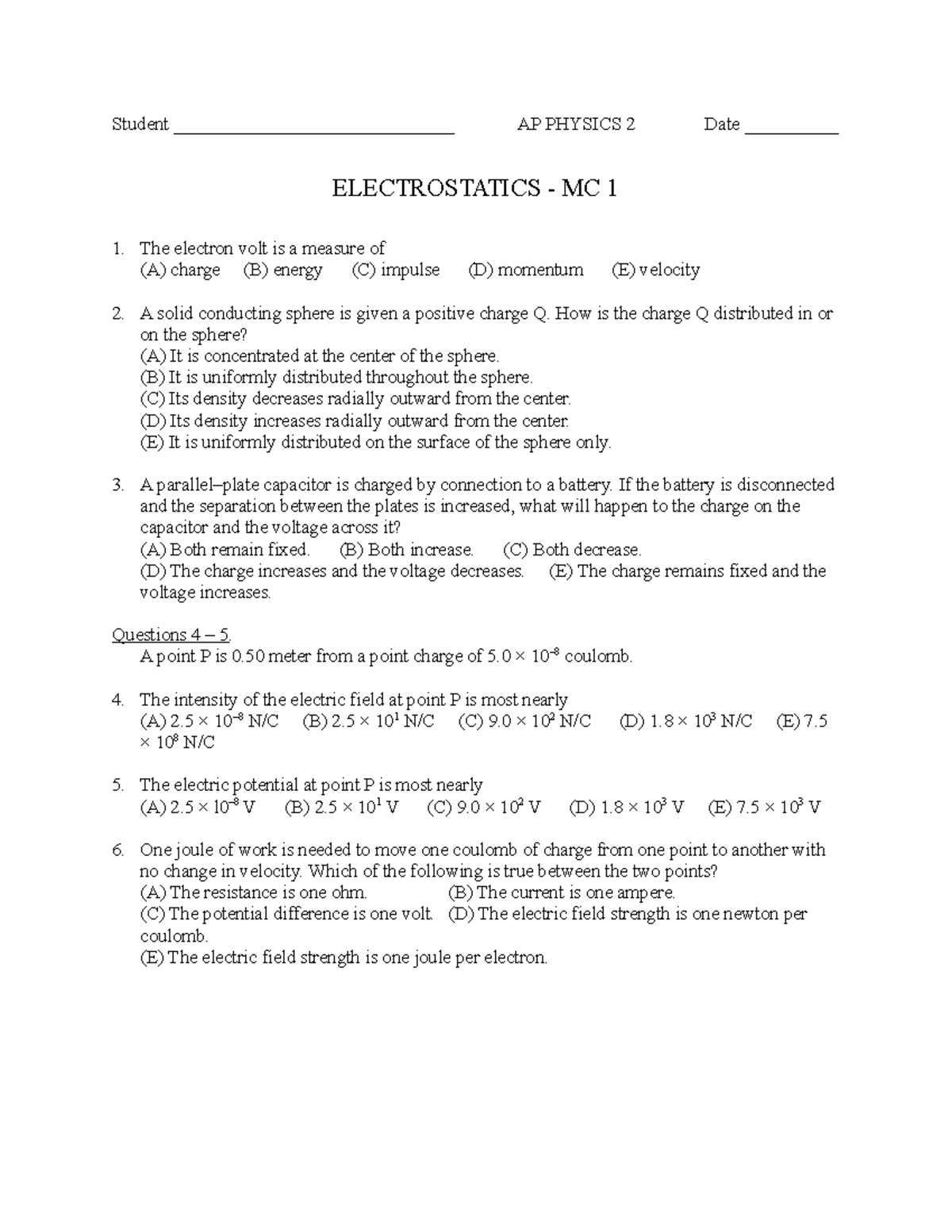 18 19 Electrostatics MC1 - Student AP PHYSICS 2 Date ELECTROSTATICS MC ...