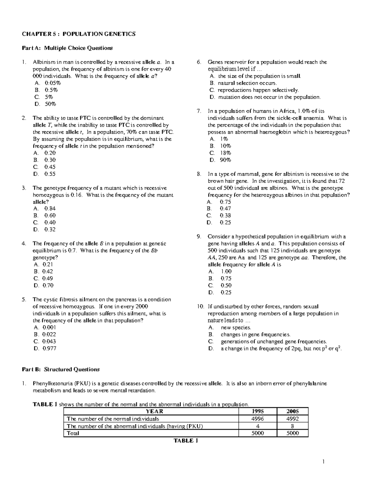 Chapter 5 Population Genetics - 1 CHAPTER 5 : POPULATION GENETICS Part ...