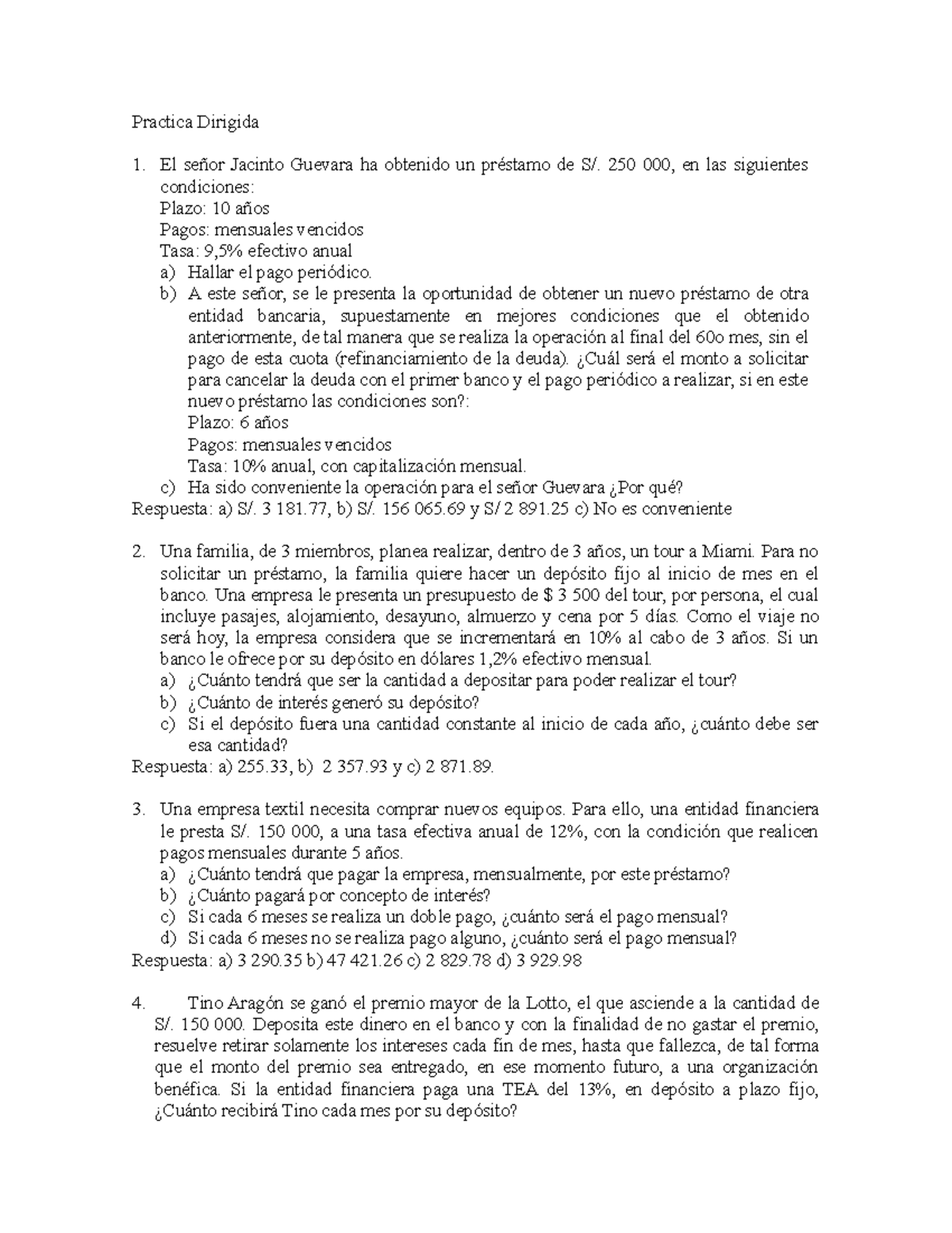 Practica Dirigida Matefi - Practica Dirigida El señor Jacinto Guevara ha obtenido un préstamo de ...