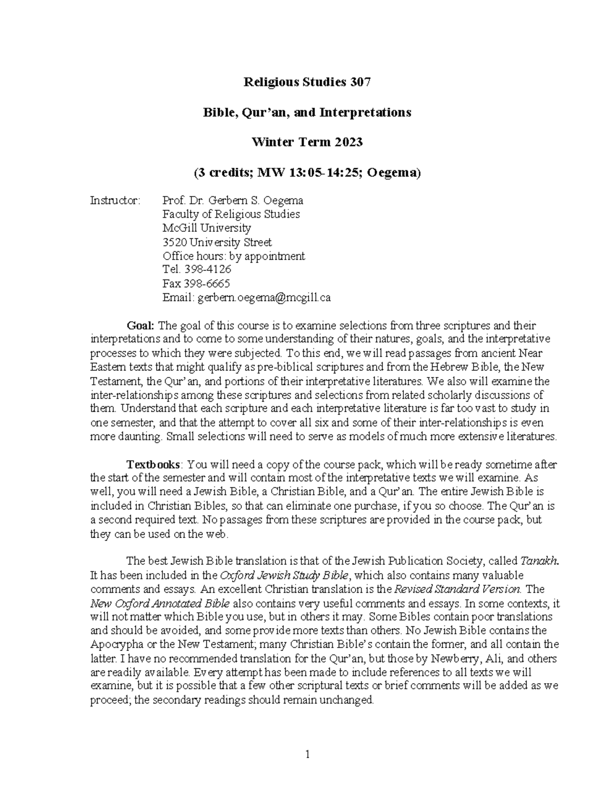 RELG 307-2023 syllabus - Religious Studies 307 Bible, Qur’an, and ...