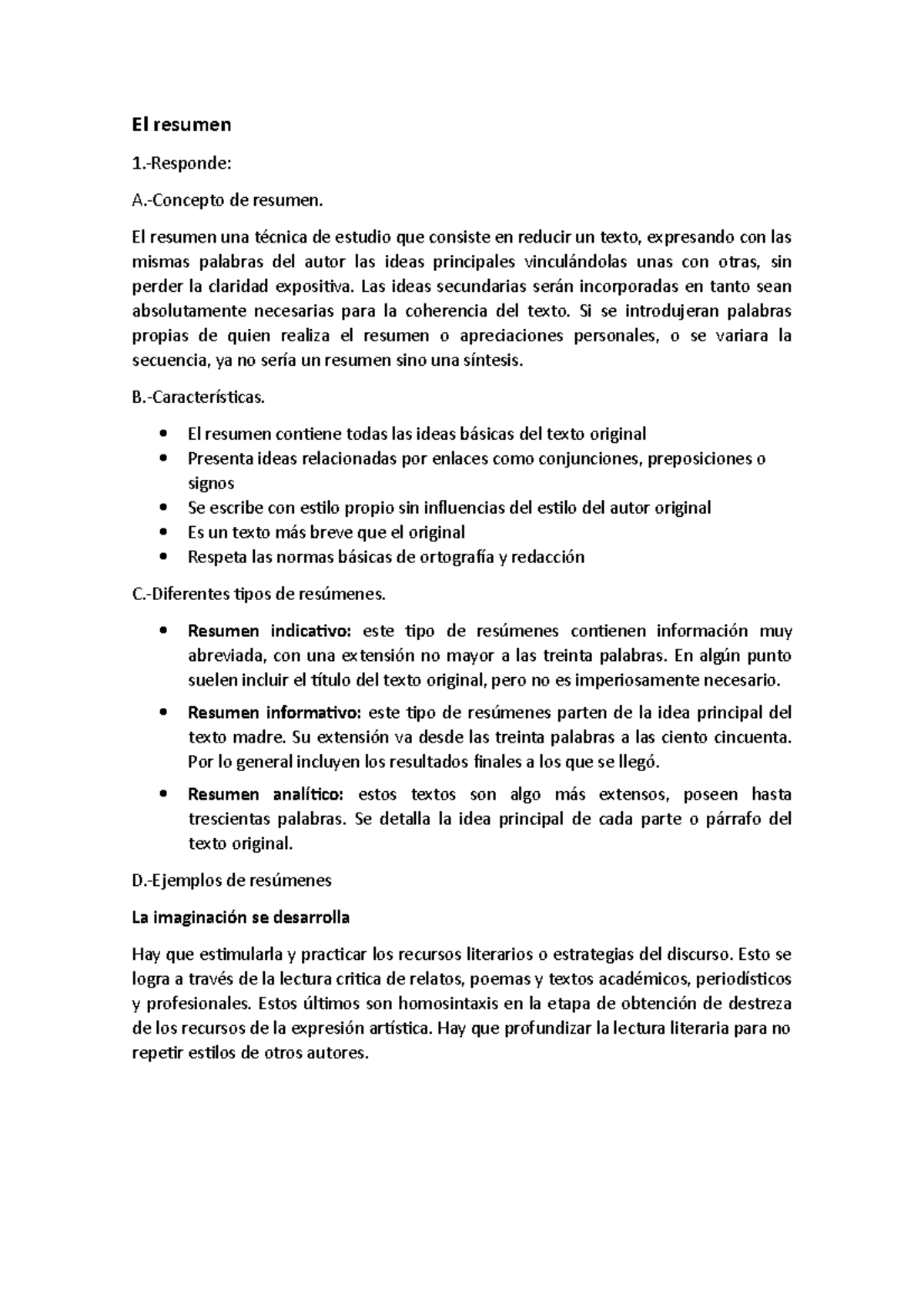 El resumen - Excelente - El resumen 1.-Responde: A.-Concepto de resumen ...