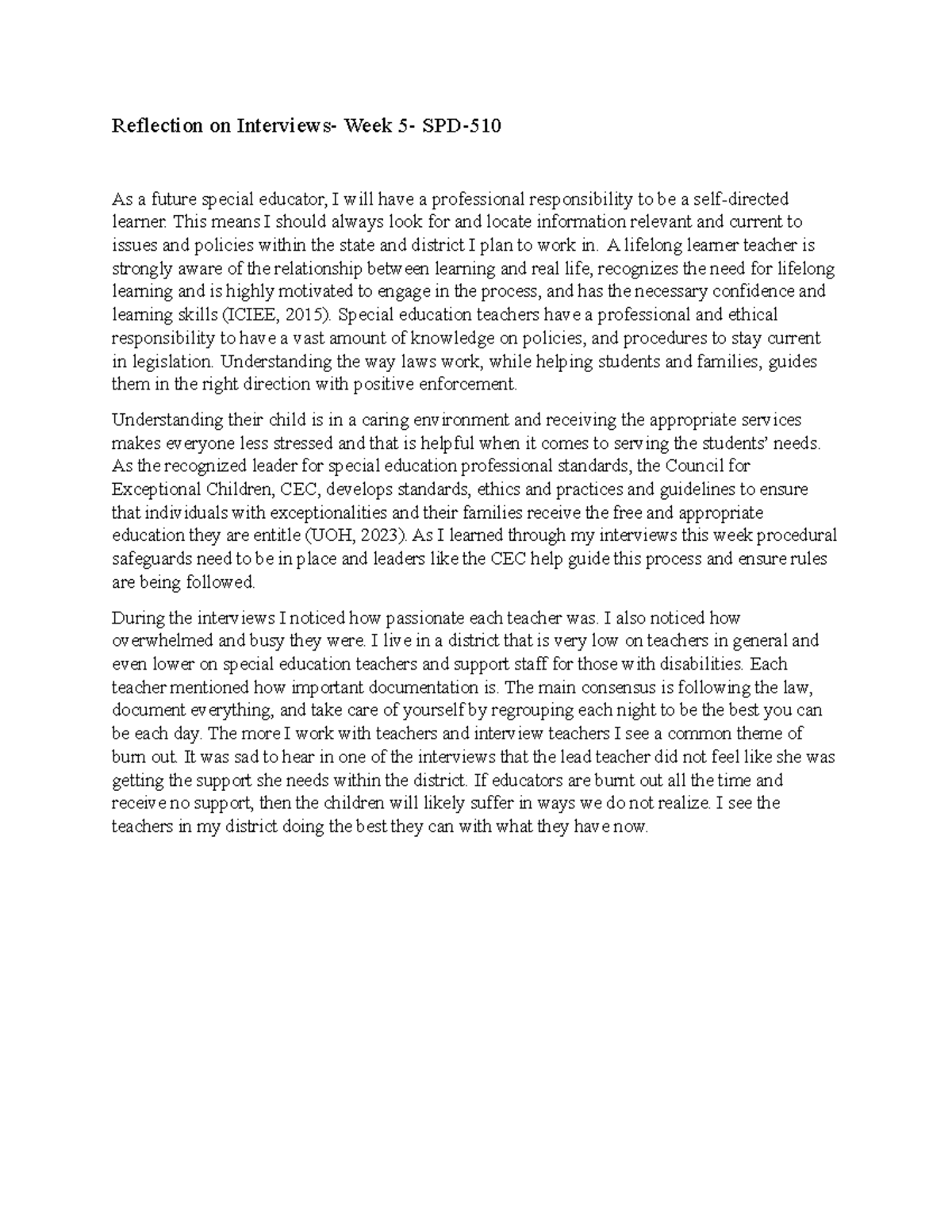 Field Exp B Week 5 SPD 510 - Reflection on Interviews- Week 5- SPD- As ...