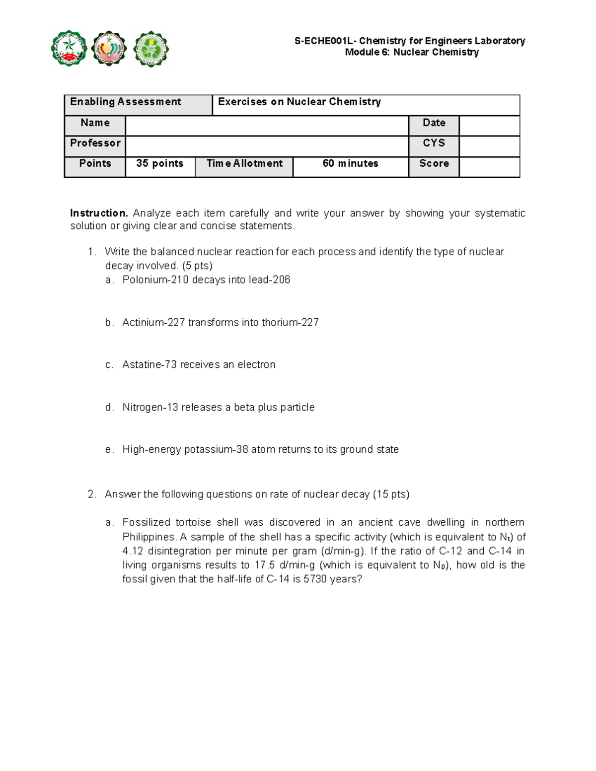 Worksheet -Activity 6 - S-ECHE001L- Chemistry for Engineers Laboratory ...