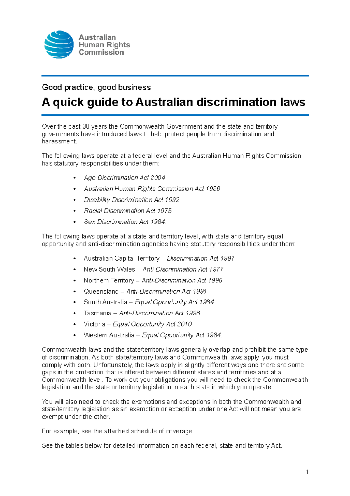 Guide to discrimination laws - Good practice, good business A quick ...