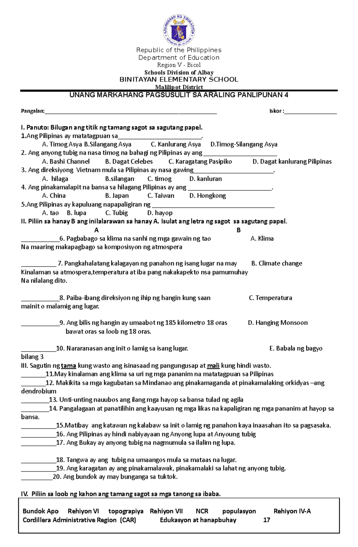 1st-Periodic-Test-in-AP 4 - Republic of the Philippines Department of ...