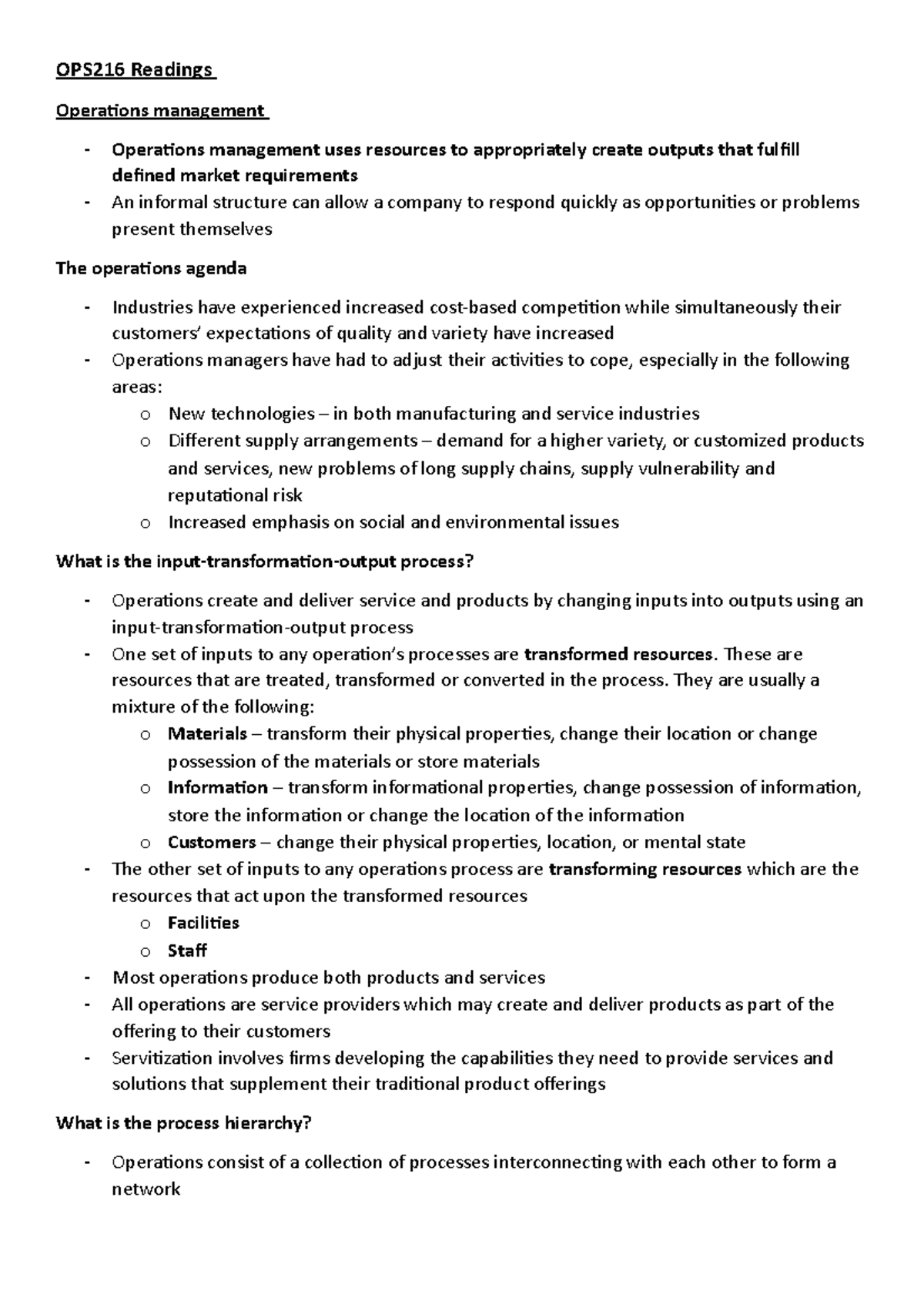 OPS216 Readings - textbook summary notes - Operations Management ...