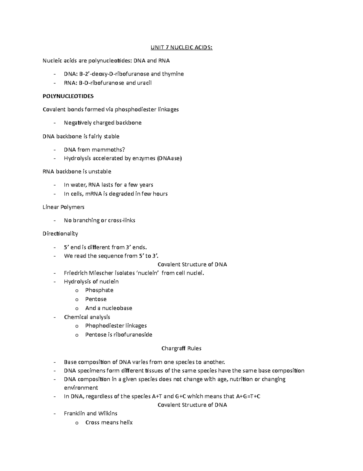 Nucleic Acid Notes - UNIT 7 NUCLEIC ACIDS: Nucleic acids are ...