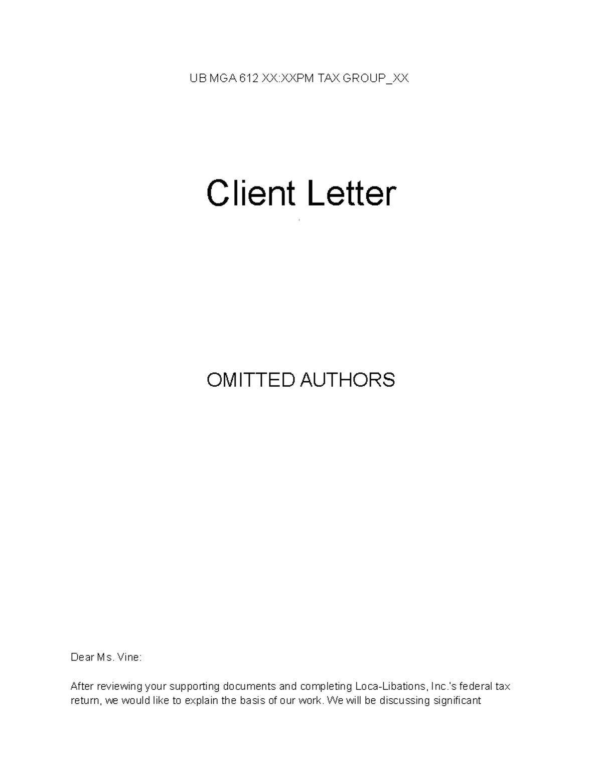 Client Letter Most important project for this course - UB MGA 612 XX ...