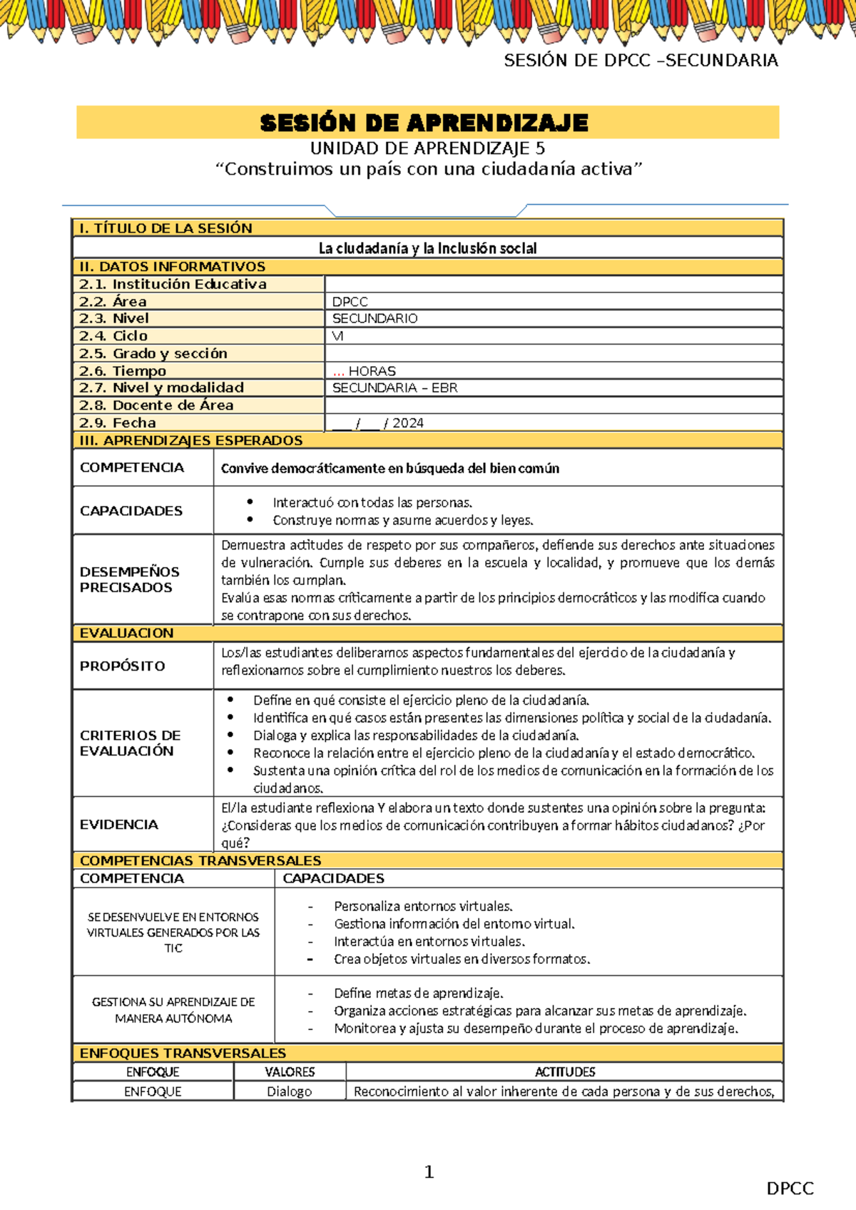 2º SES ACT 1 UNI.5 - DPCC 2024 - DPCC 1 SESIÓN DE DPCC –SECUNDARIA SESIÓN DE APRENDIZAJE UNIDAD ...