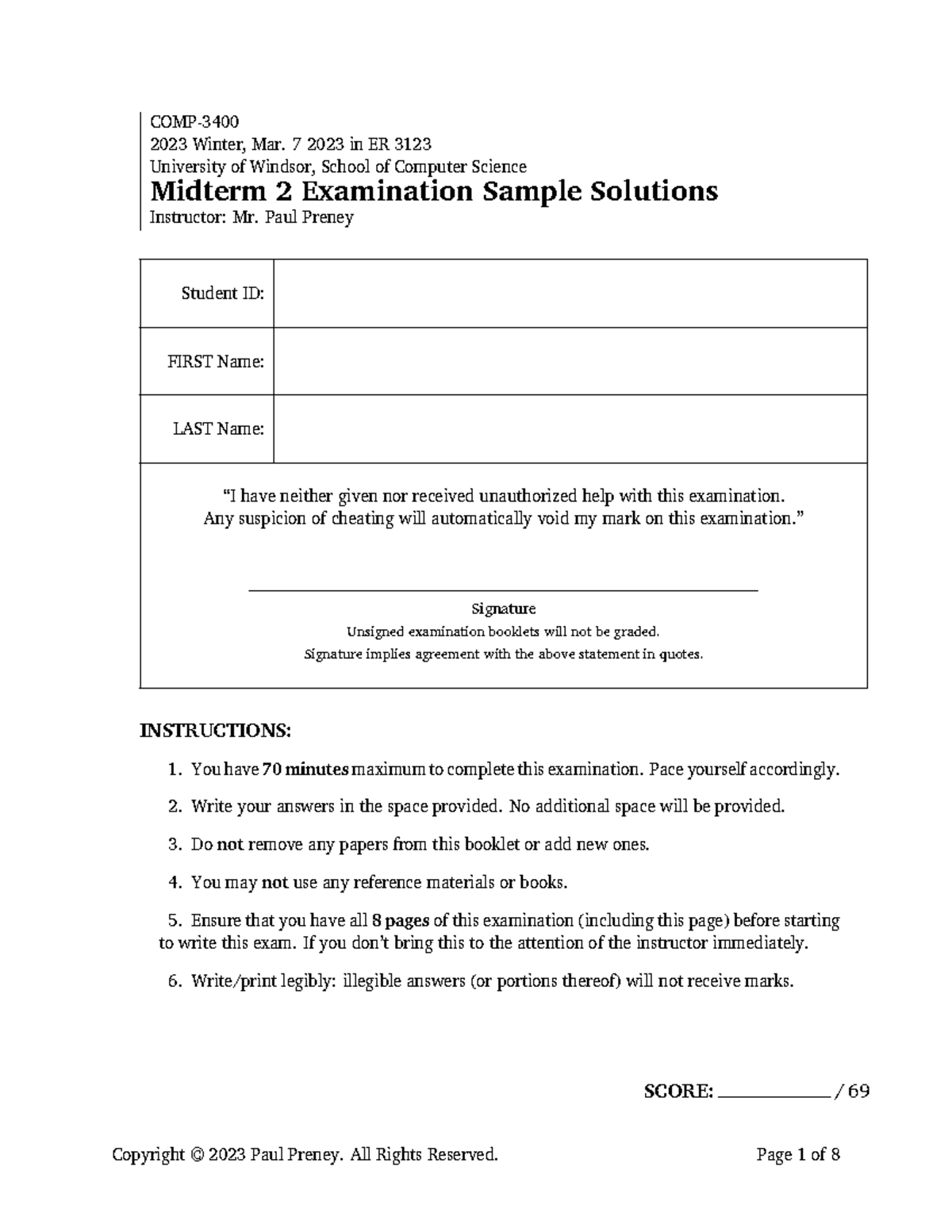 Midt1 2023 w sol - pratice midterm - COMP- 2023 Winter, Mar. 7 2023 in ...