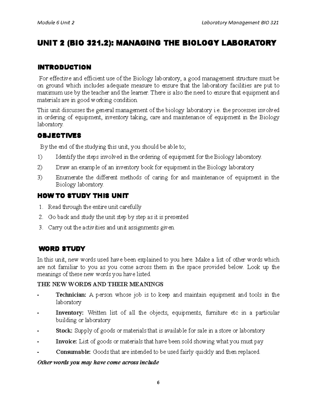 BIO 321 UNIT 2 - Biology Lab II - UNIT 2 (BIO 321. 2 ): MANAGING THE BIOLOGY LABORATORY ...