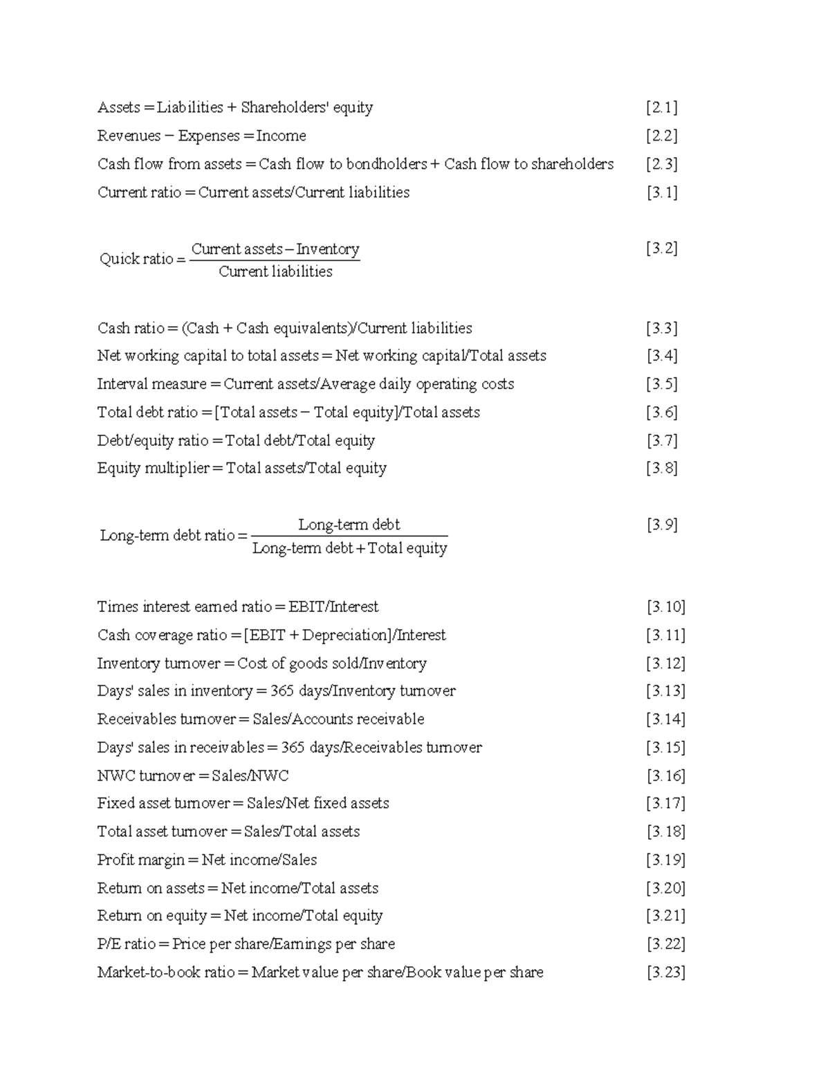 FNCE2121 formula sheet - Assets = Liabilities + Shareholders' equity [2 ...