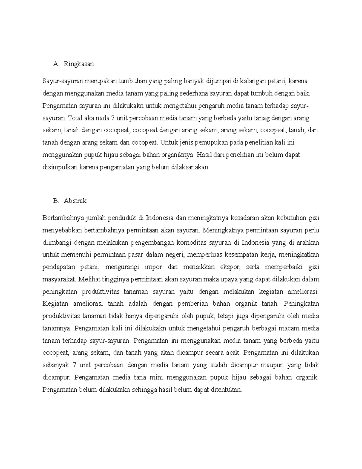 Bahasa Indonesia Proposal - A. Ringkasan Sayur-sayuran merupakan ...