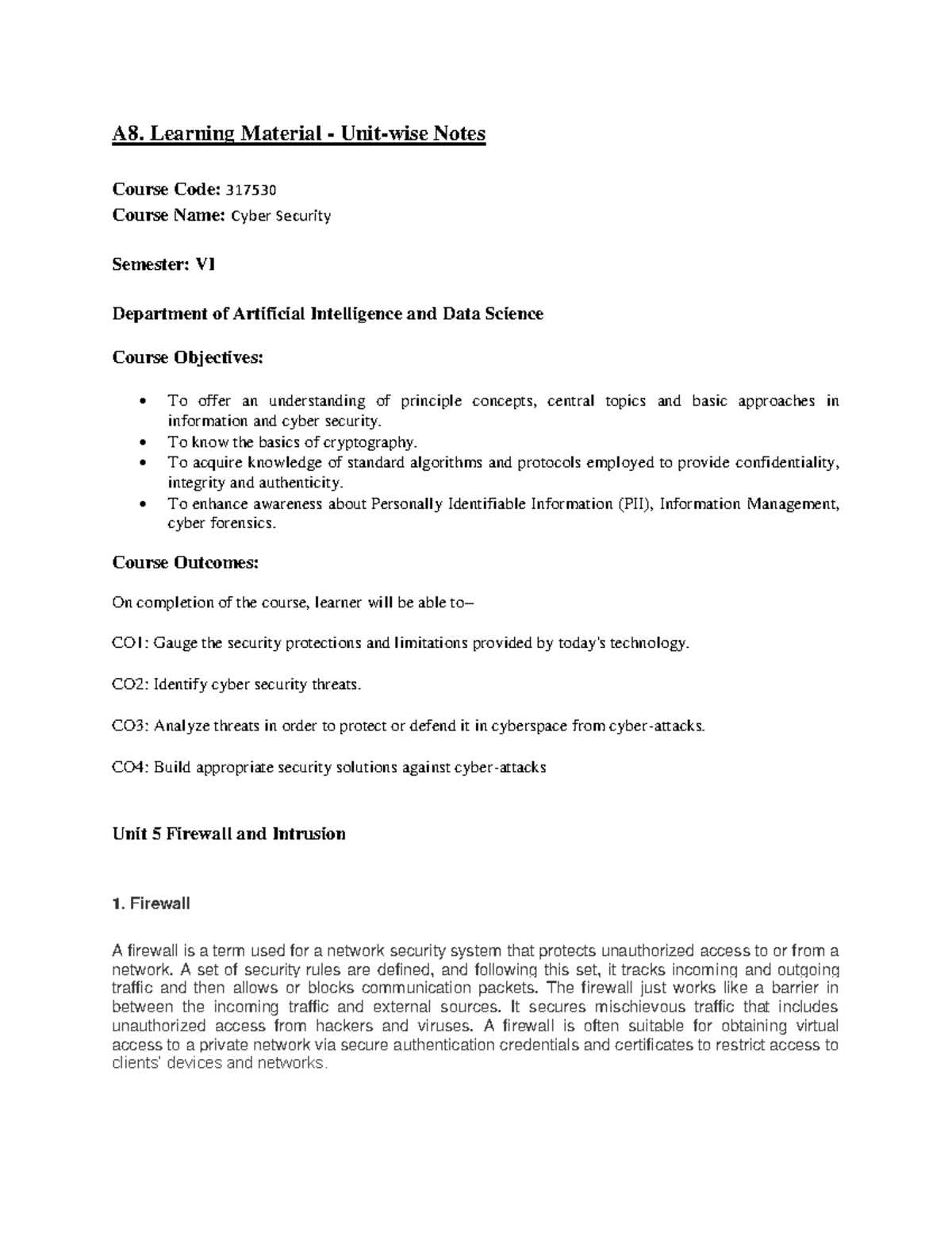Unit 5 Cs Lecture Notes A8 Learning Material Unit Wise Notes Course Code 317530 Course