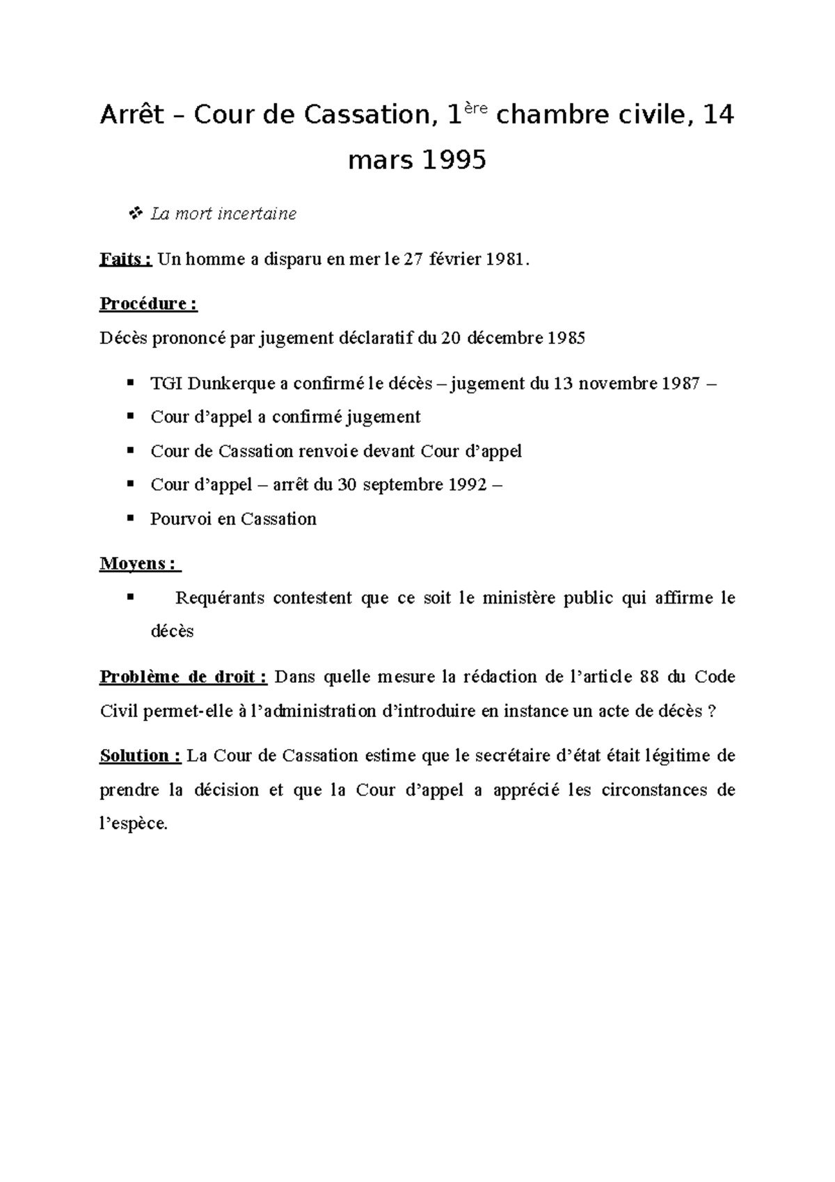 Cass 1 Civ - 14 mars 1995 - Fiche d'arrêt - Arrêt – Cour de Cassation ...