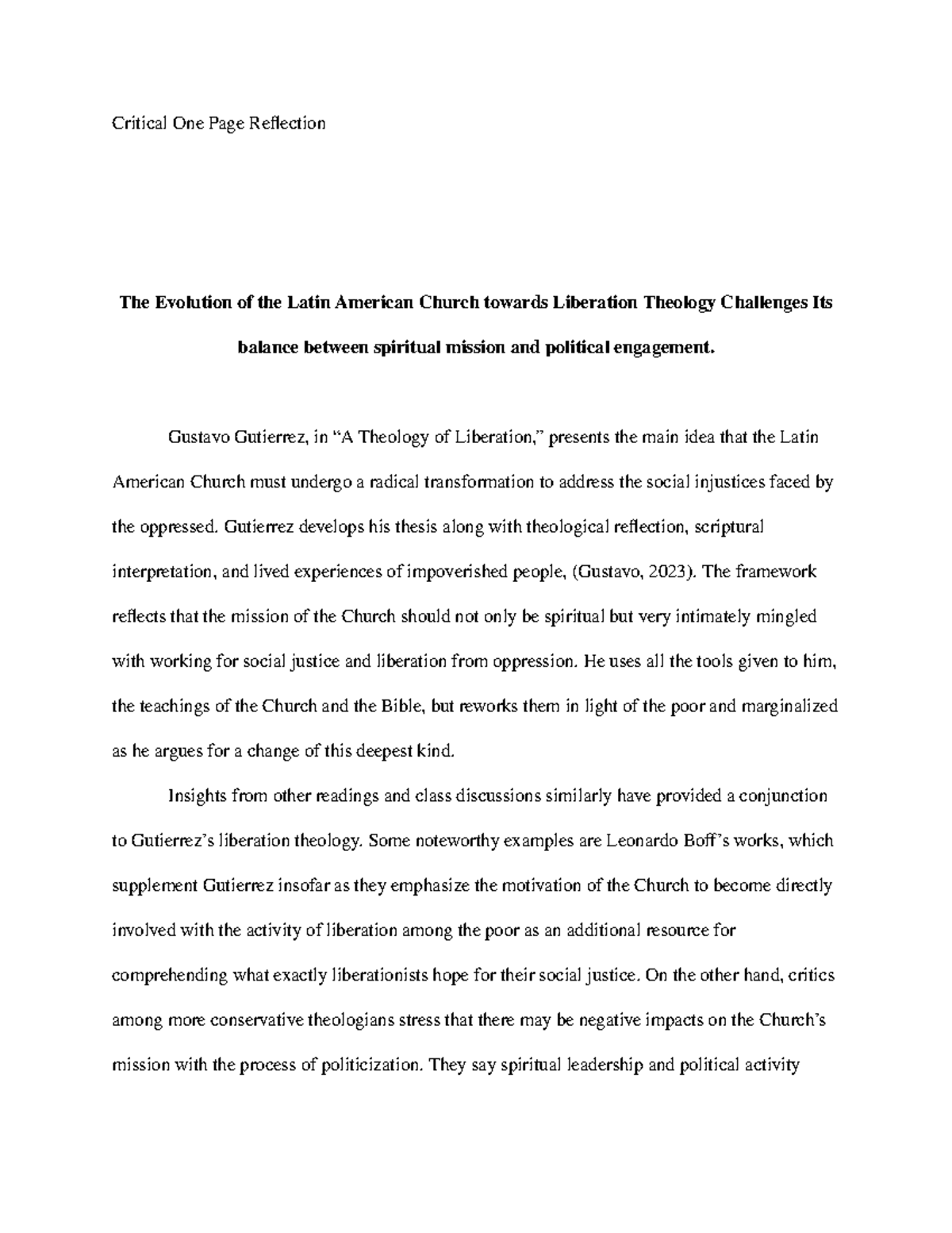 One Page Reflection Liberation Theologies -2 - Critical One Page ...