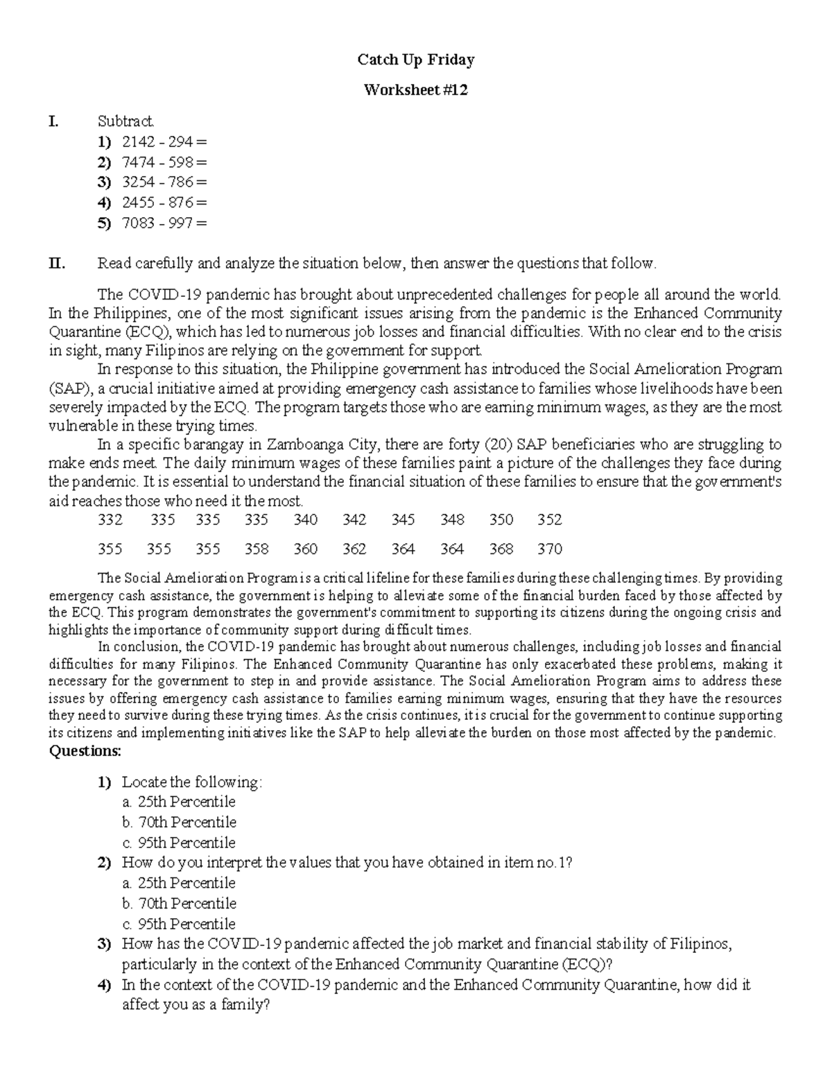 Subtraction-AND- Percentile - Catch Up Friday Worksheet I. Subtract. 1 ...