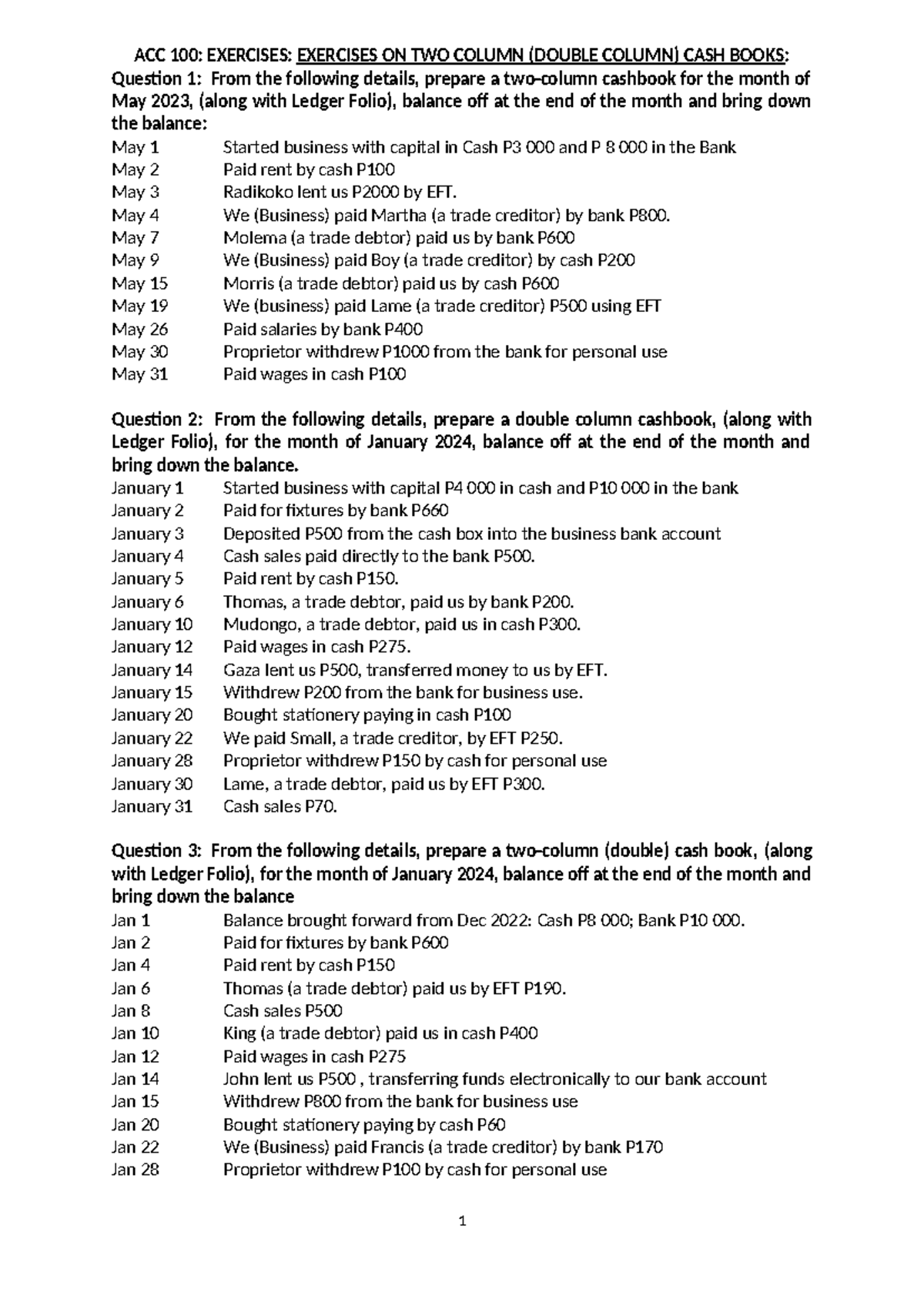 ACC 100 Handout ON Double Column Cashbook Exercises- 2024 - ACC 100 ...