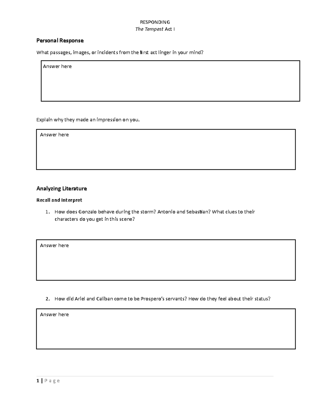 The Tempest Responding ACT 1 - RESPONDING The Tempest Act I Personal ...