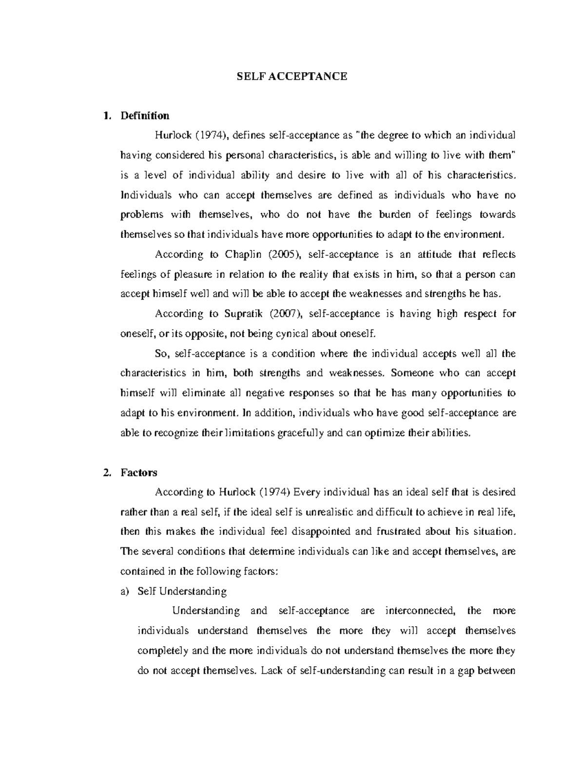 31. Self Acceptance - Psychoteraphy - SELF ACCEPTANCE Definition Hurlock (1974), defines - Studocu