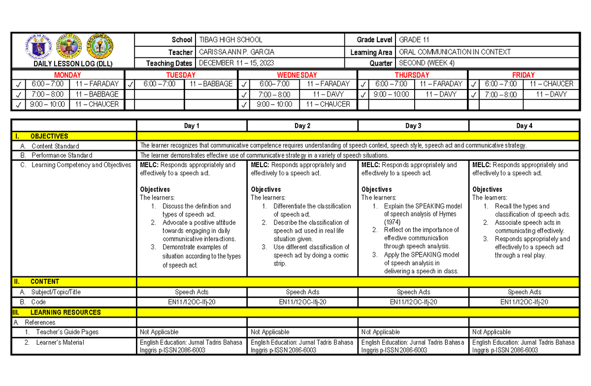 Sample-DLL-2 - DAILY LESSON LOG (DLL) School TIBAG HIGH SCHOOL Grade ...