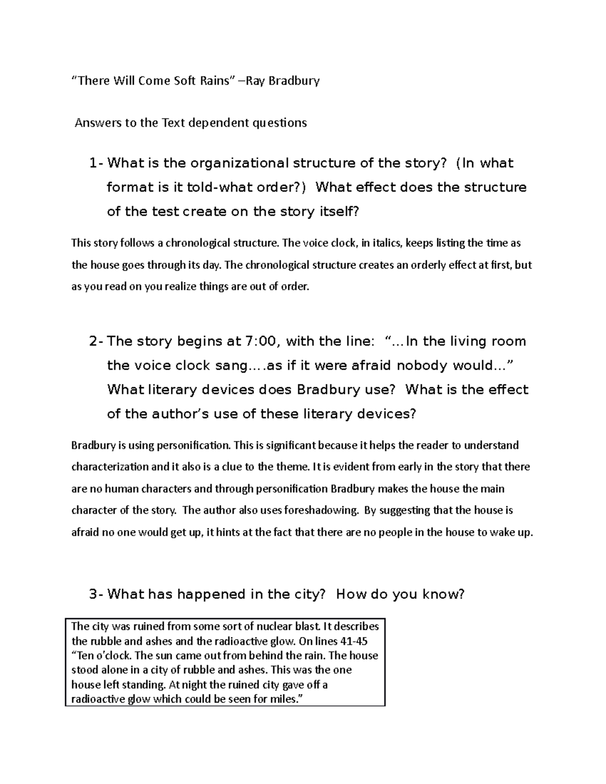 Answers to There Will Come Soft Rains TEXT Dependent QS - “There Will ...
