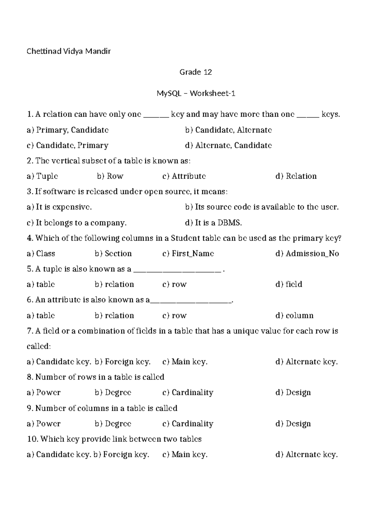 Worksheet SQL - 1 - Chettinad Vidya Mandir Grade 12 MySQL – Worksheet ...