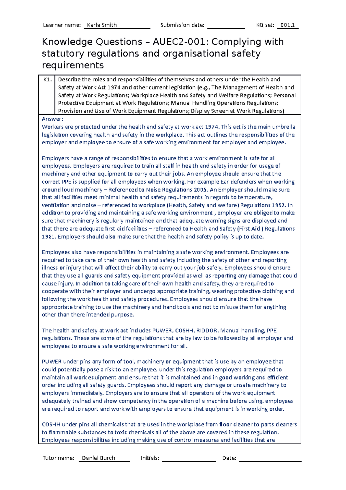 AUEC2 - 001 Knowledge Questions set 1 - Learner name: Karla Smith ...