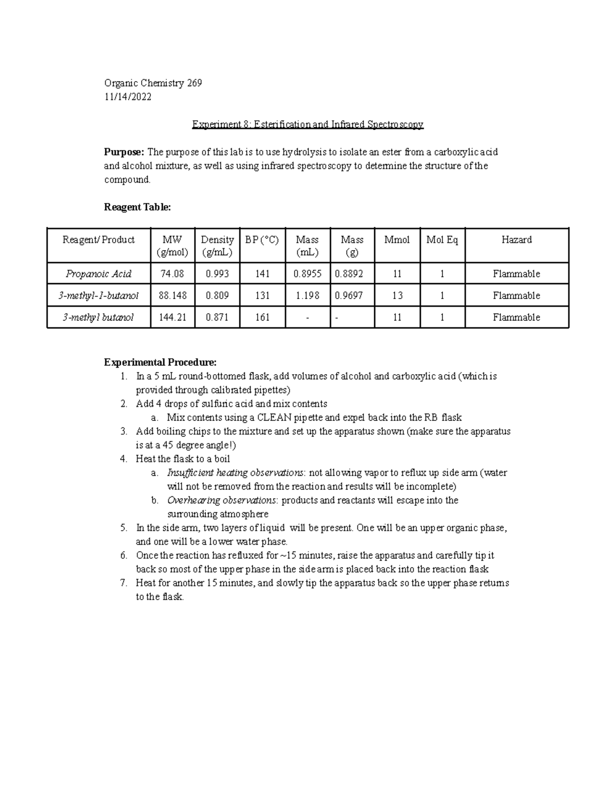 Esterification Prelab - Organic Chemistry 269 11/14/ Experiment 8 ...
