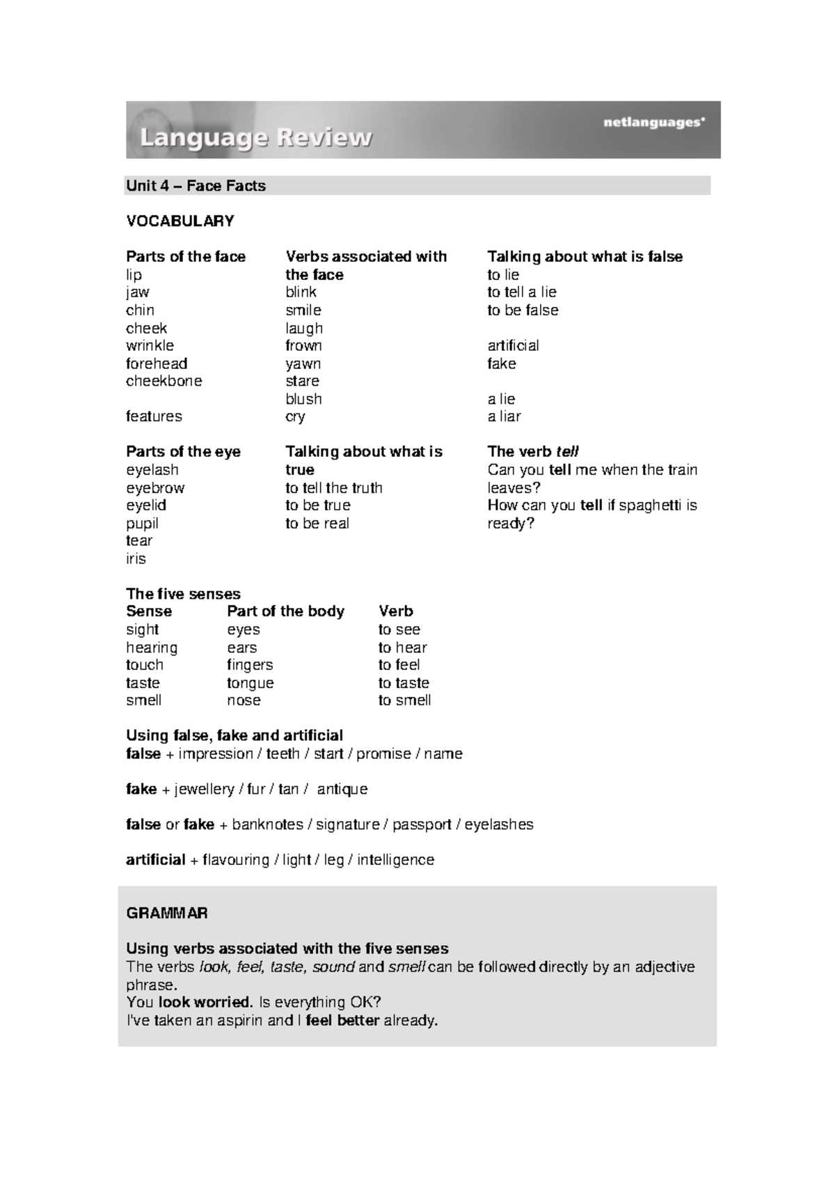 Language Review - Ingles - Unit 4 – Face Facts VOCABULARY Parts of the ...