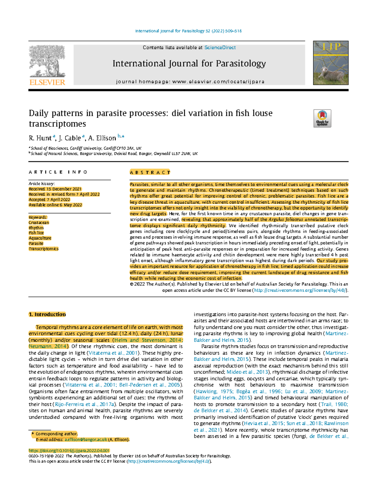 Parasitology Article #1 - Daily patterns in parasite processes: diel ...
