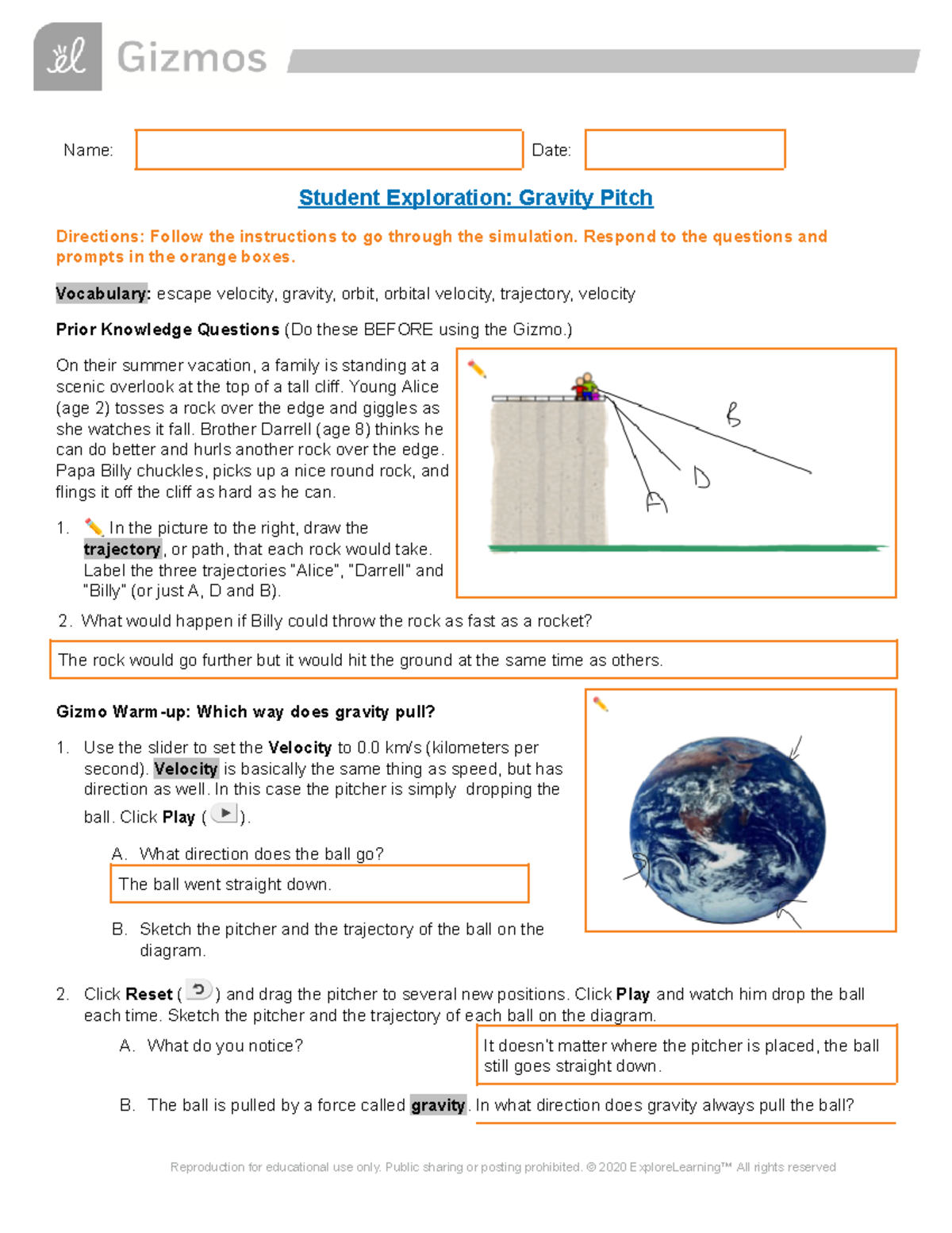 Copy of Copy of Gravity Pitch SE - Name: Date: Student Exploration ...