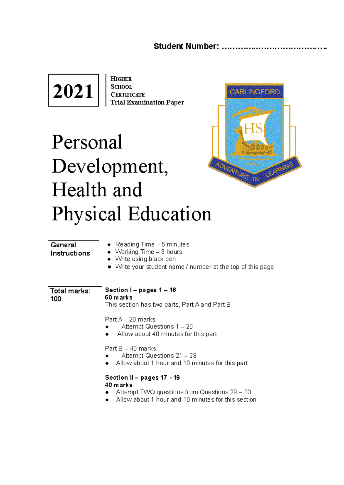 Carlingford 2021 Pdhpe Trials + Solutions - Student Number