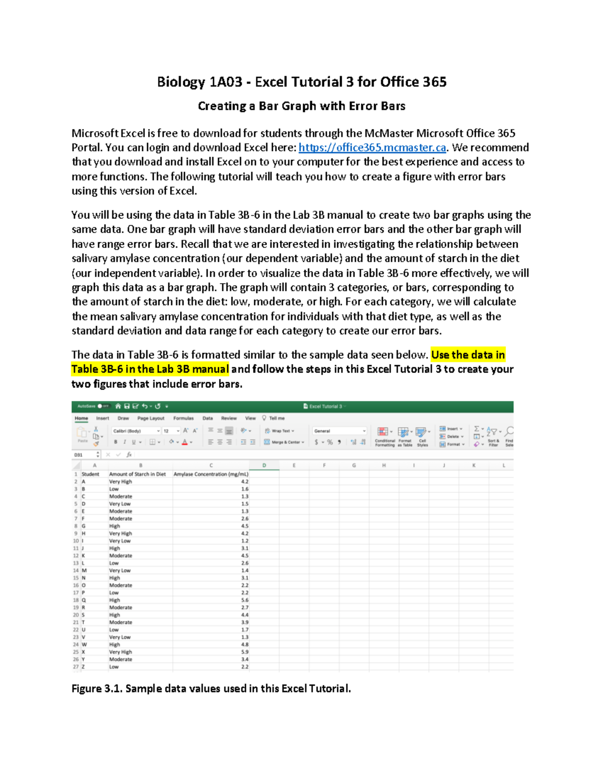Bio1A03 Excel Tutorial 3 - Biology 1A03 - Excel Tutorial 3 for Office ...