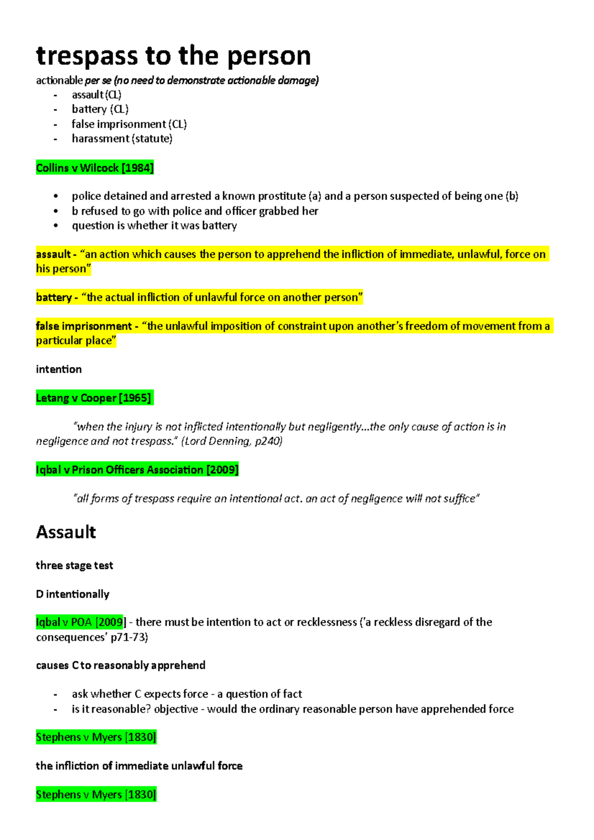 Trespass to the person - lecture notes - trespass to the person ...