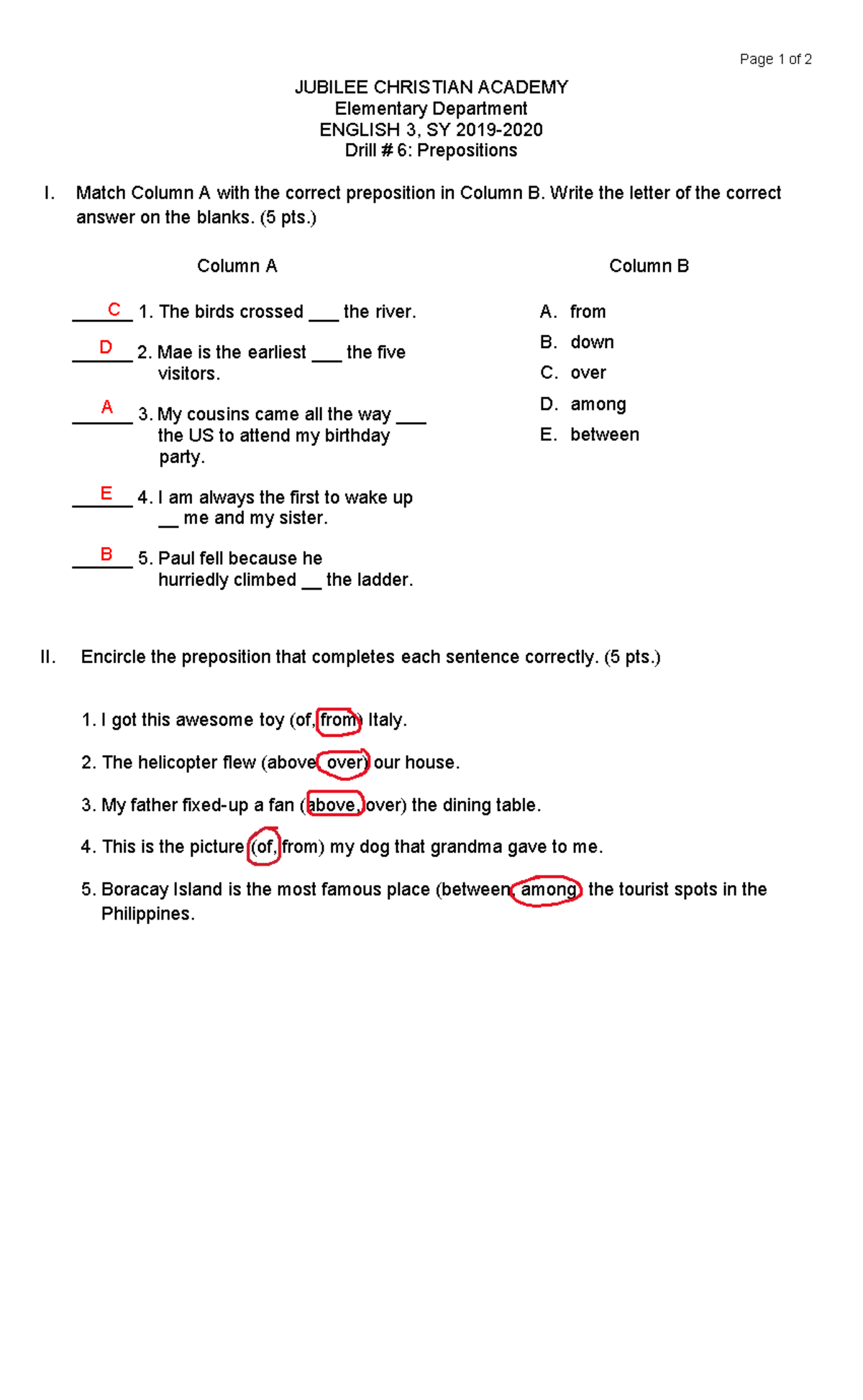 G3 English Drill # 6 Prepositions Answer Key - Page 1 of 2 JUBILEE ...