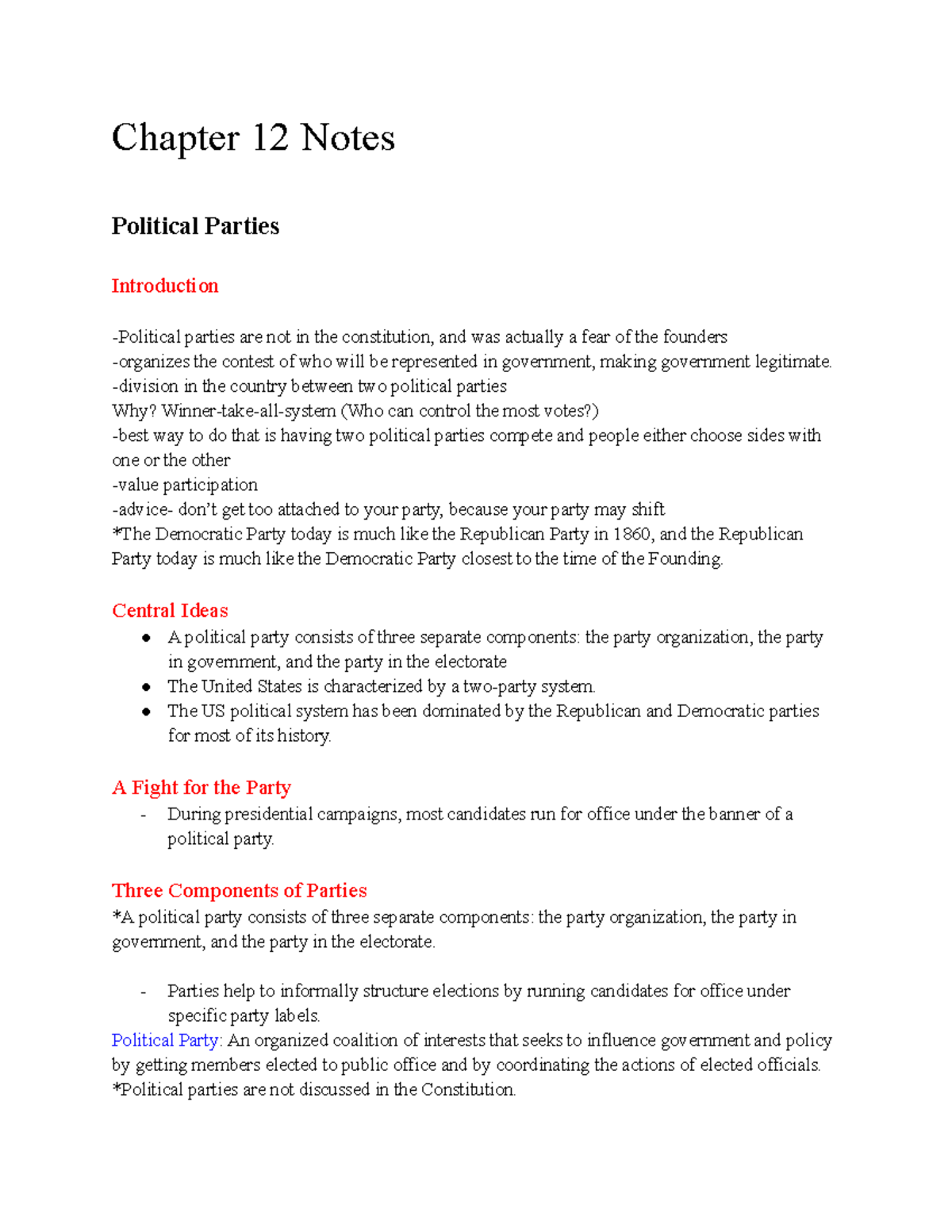 US POL- Chapter 12: Political Parties - Chapter 12 Notes Political ...