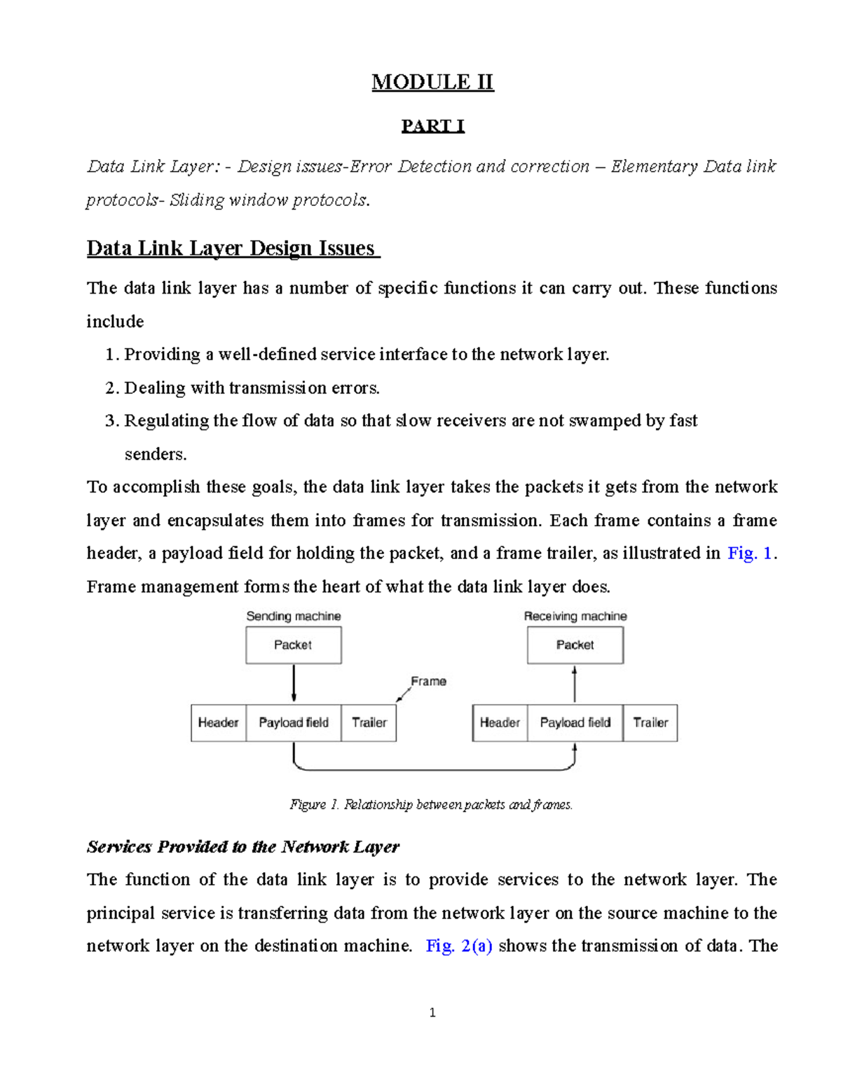 Computer Networks: Module II A - MODULE II PART I Data Link Layer: - Design issues-Error ...