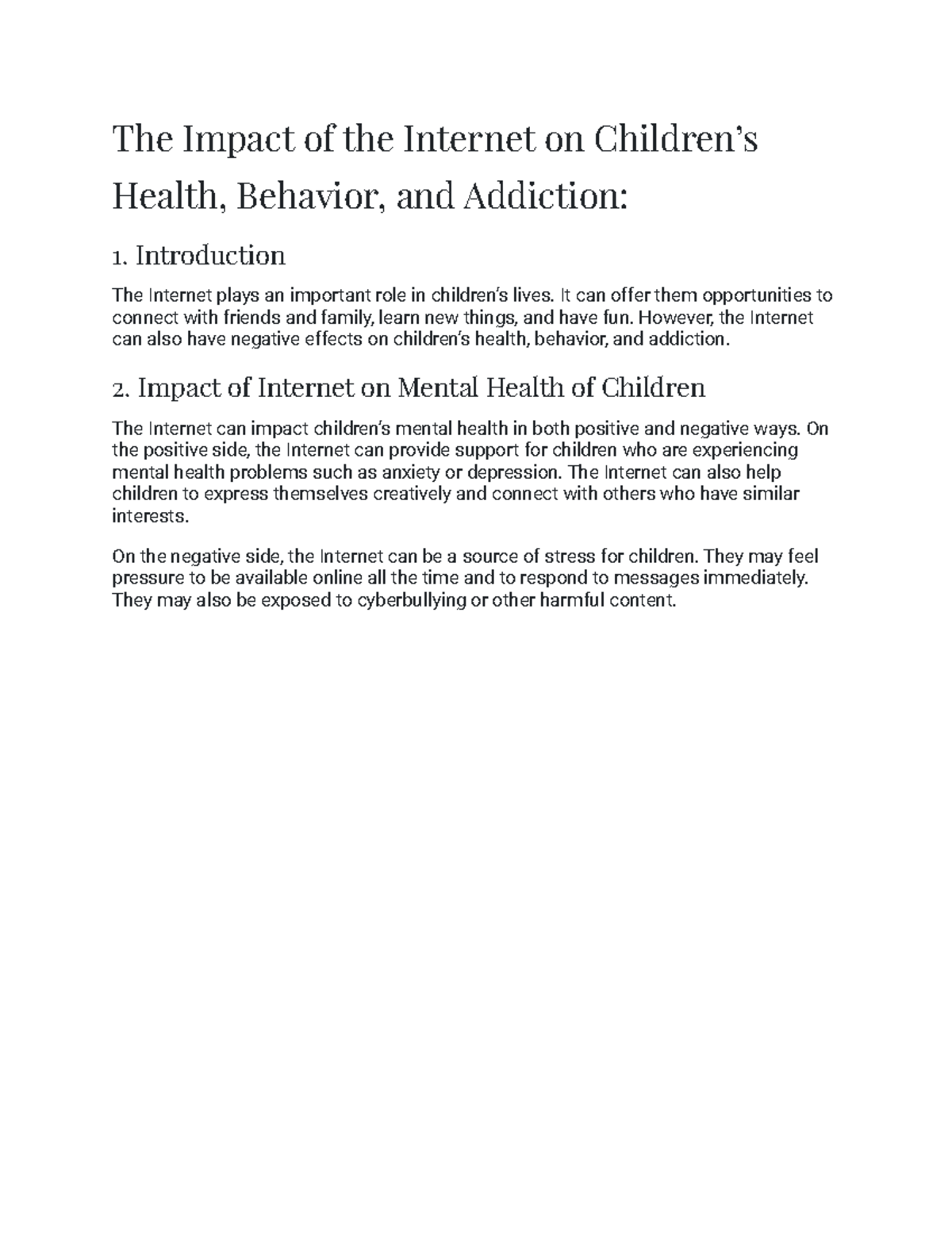 The Impact of the Internet on Children’s Health, Behavior, and ...